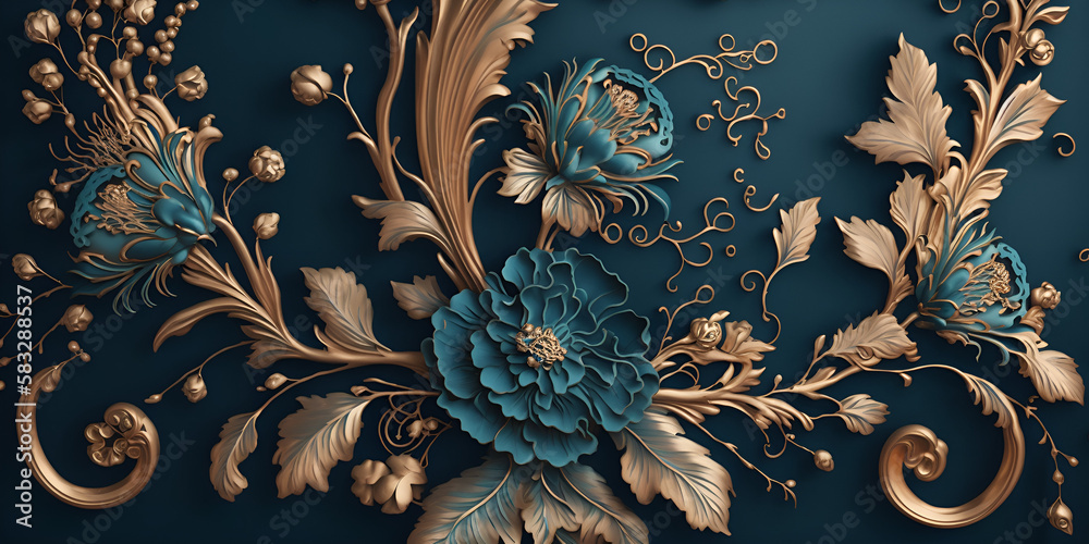 wallpaper of a rococo blooms flowers retro vibes scheme blue gold tone ...
