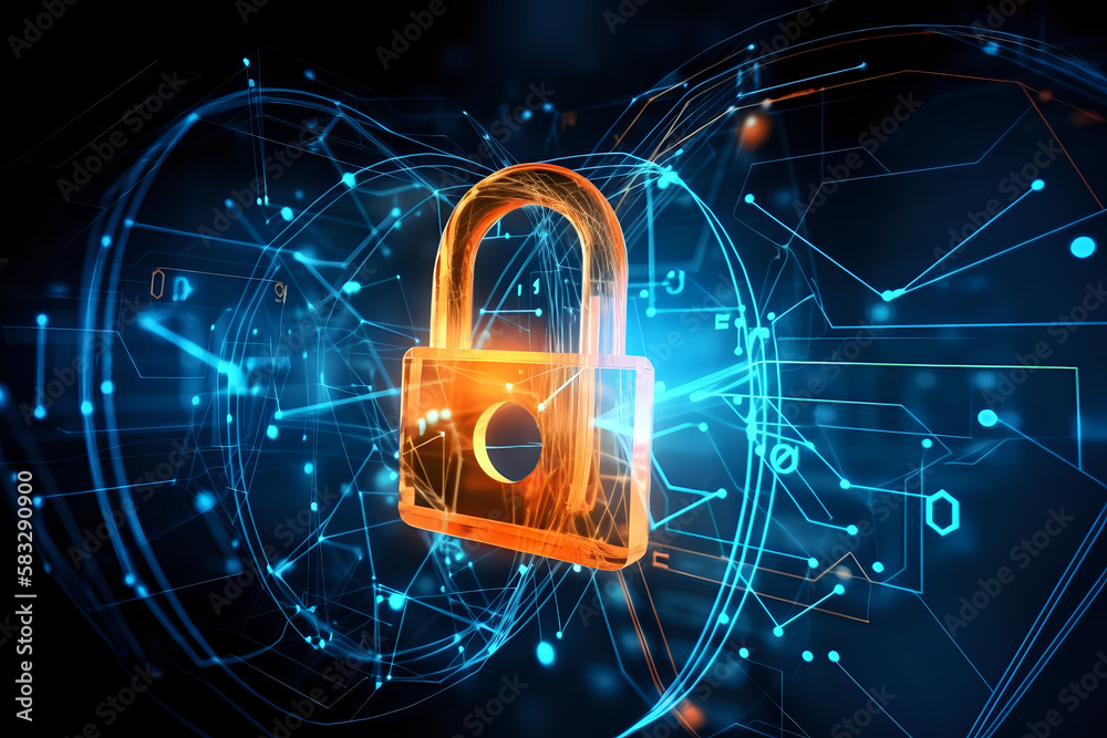 Orange digital lock displayed on HUD display, cyberspace, cybersecurity ...