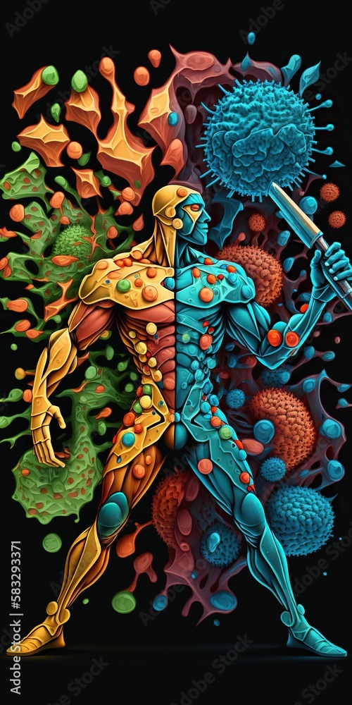 immune system with colorful cells antibodies and viruses showing battle ...