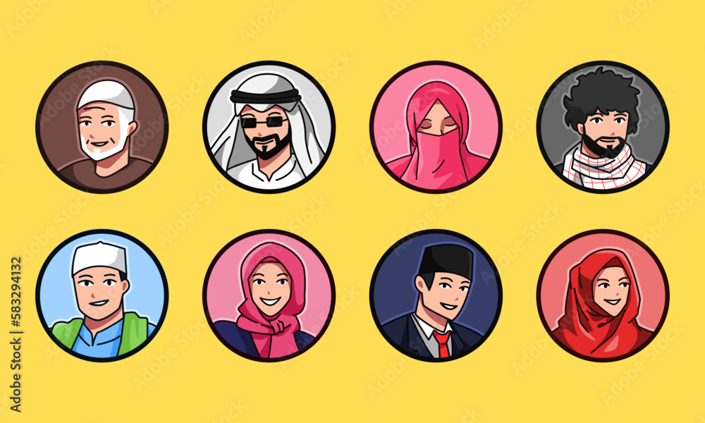 set avatar portraits of muslim characters. keffiyeh, muslim cap, hijab ...