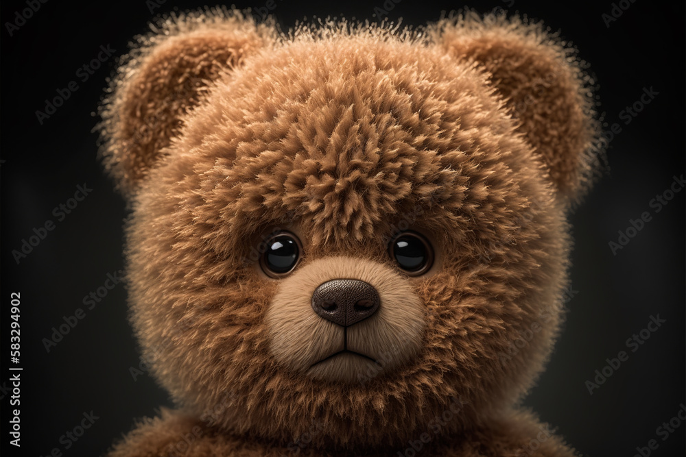 Hyper close up cute cartoon brown furry teddy bear with a straight face ...