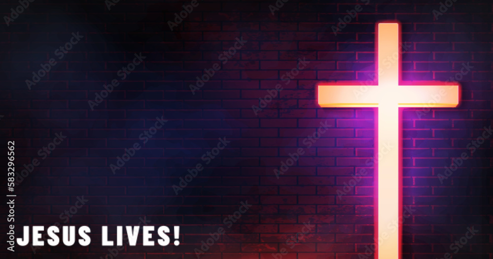 Jesus Lives cyberpunk web banner. Christian cinematic background with ...