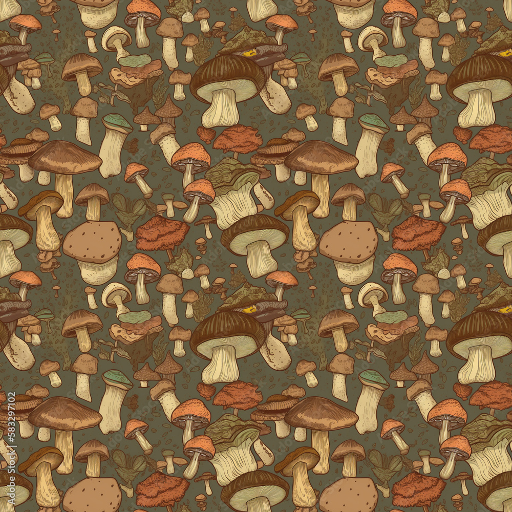 Seamless pattern background design of various mushrooms in hand drawn ...