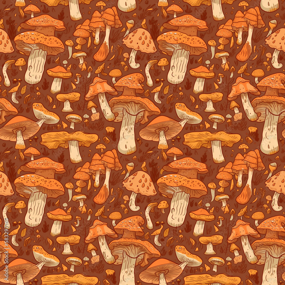 Seamless pattern background design of various mushrooms in hand drawn ...