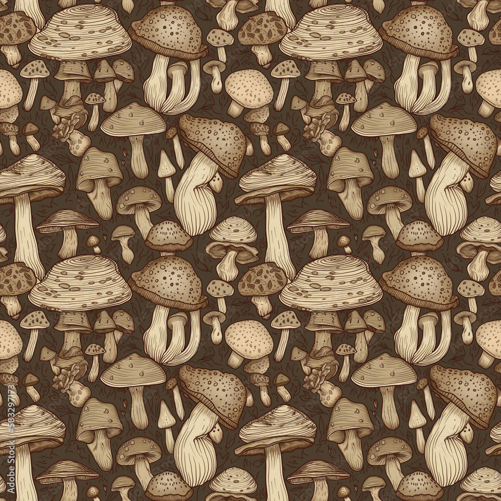 Seamless pattern background design of various mushrooms in hand drawn ...