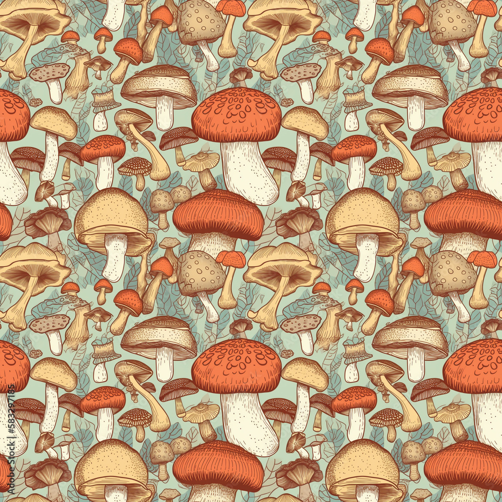 Seamless pattern background design of various mushrooms in hand drawn ...