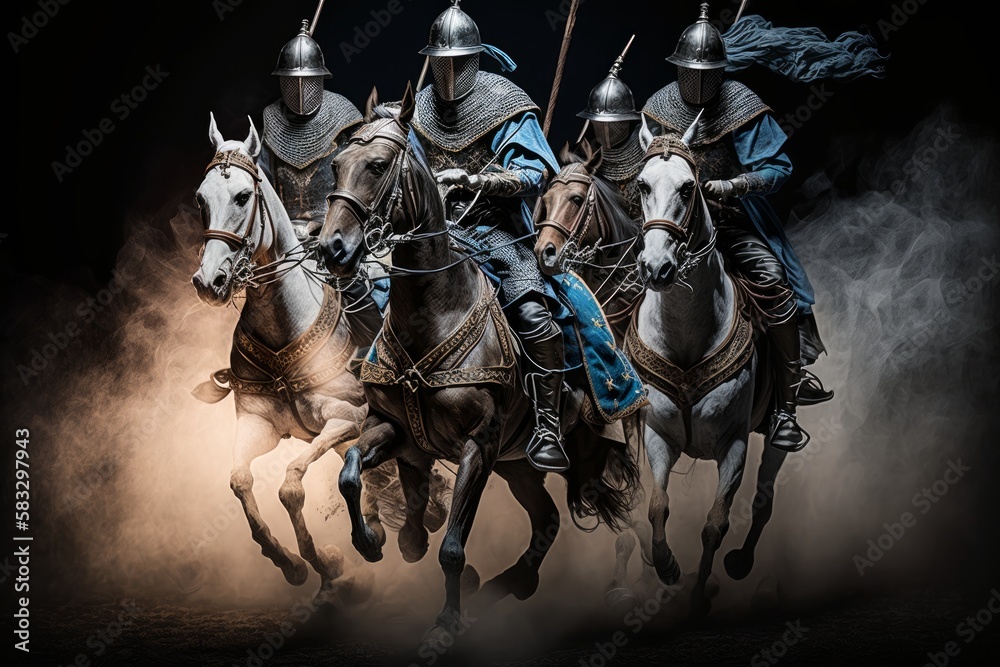 Medieval Knights on Horseback: An Ultra-Realistic and Cinematic Illustration on Gold Silk ...