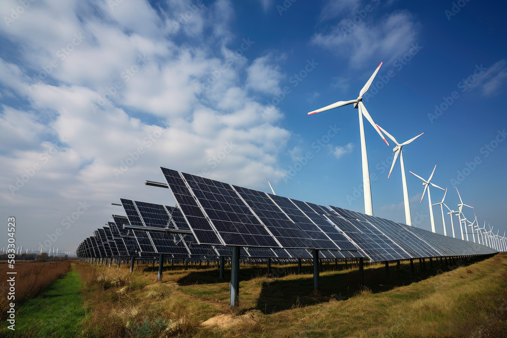 Solar energy panel photovoltaic cell and wind turbine farm power ...