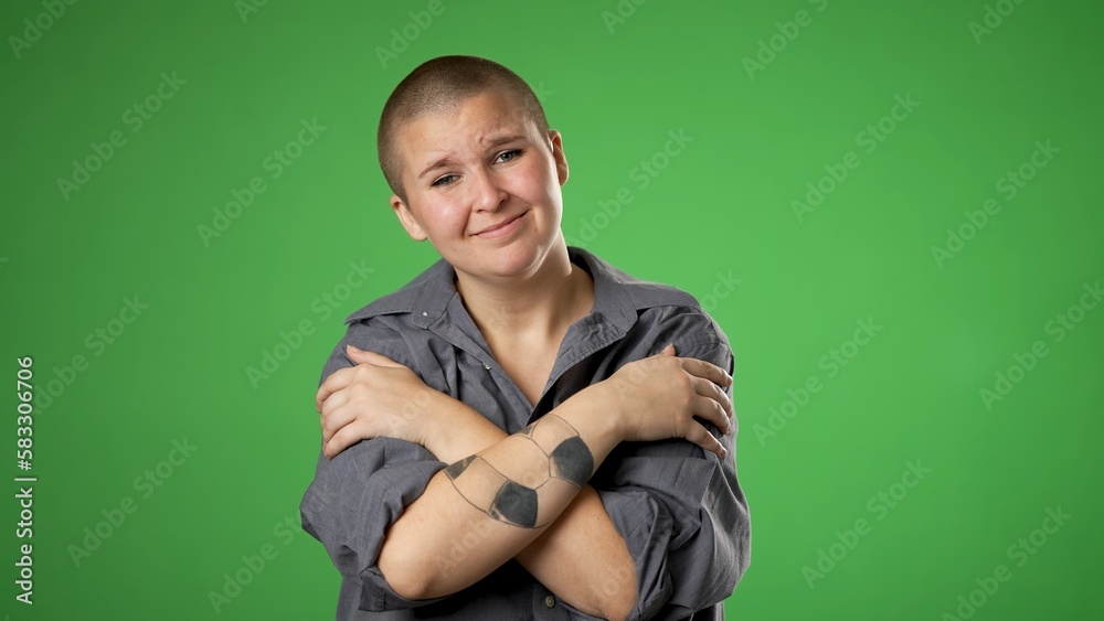 Portrait of non binary gender fluid woman 20s reach with out stretch ...