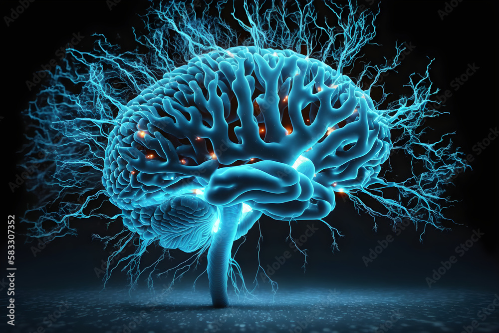 Futuristic blue digital brain in cyberspace. Neurons firing in MRI scan of artificial ...