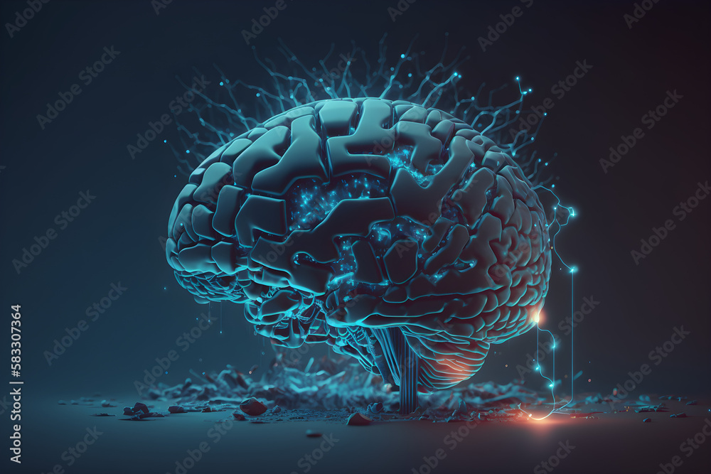 Futuristic blue digital brain in cyberspace. Neurons firing in MRI scan of artificial ...