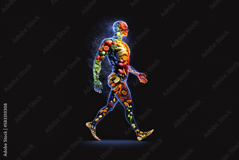 Human body in motion formed by healthy food on dark background ...