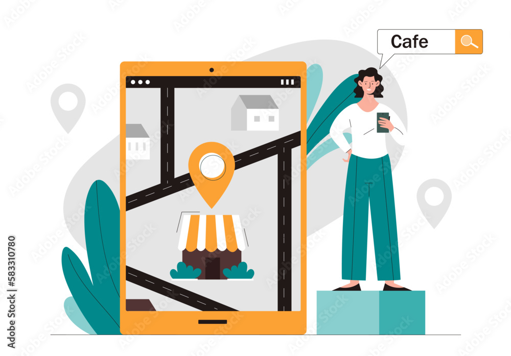 Location search concept. Woman with smartphone in her hand looks at map ...
