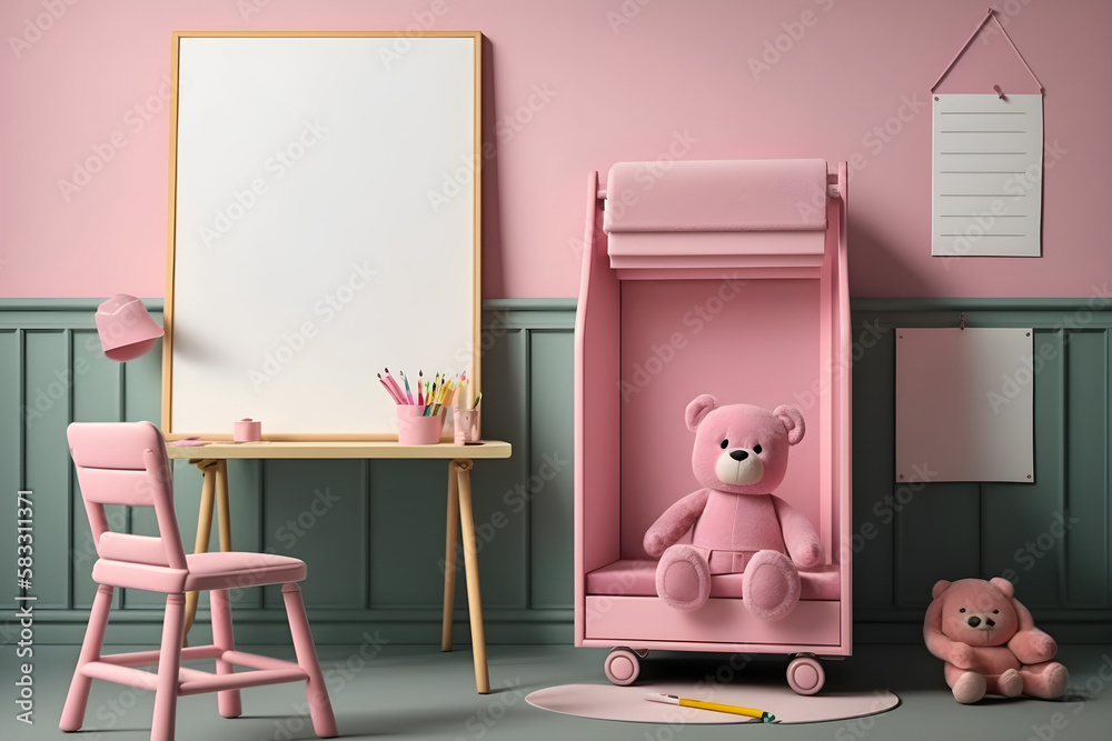 Drawing board and chair in pink child room interior for mockup Stock ...