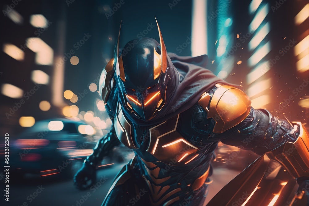 Futuristic 3D Illustration of a Realistic Superhero Fighting Crime in a ...