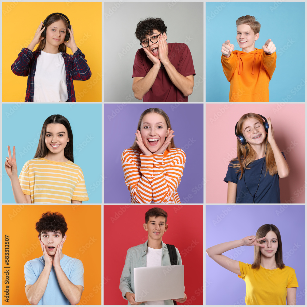 Photos of teenagers on different color backgrounds, collage Stock Photo ...