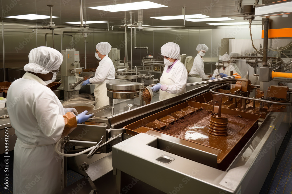A chocolate production facility with workers operating machinery to ...