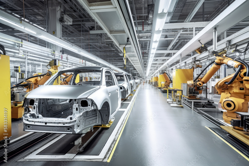 Assembly line in a modern car factory with robots and workers ...