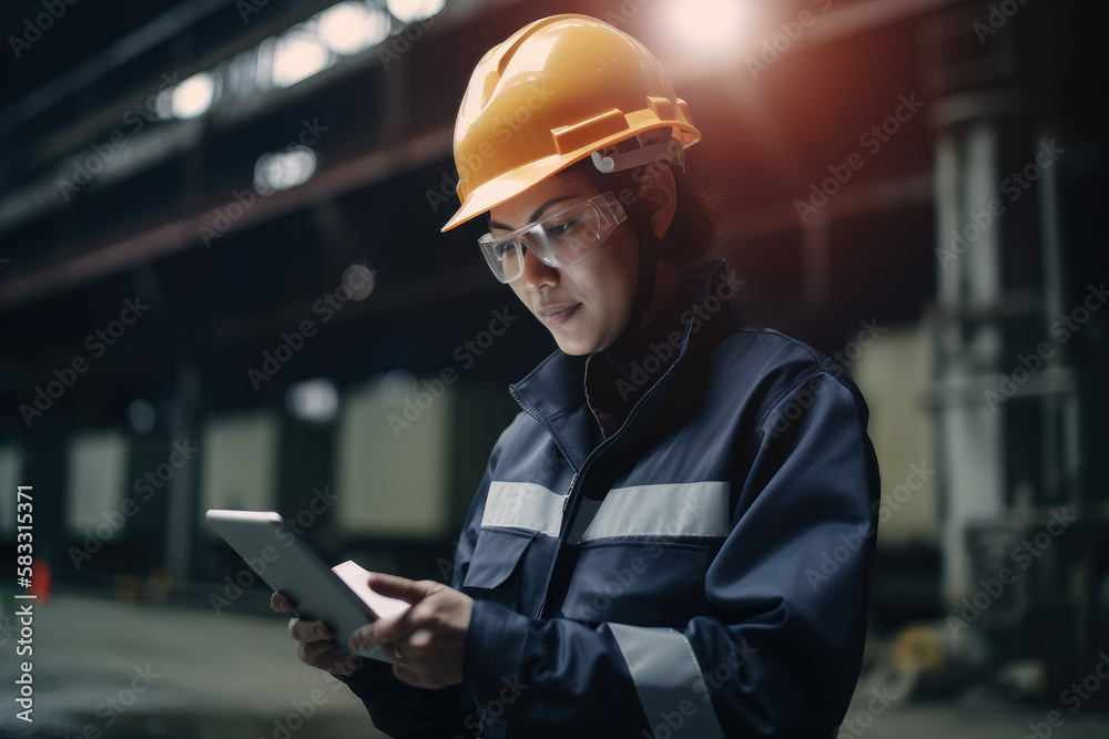 Engineer analyzing petrochemical plant data on a tablet while standing ...