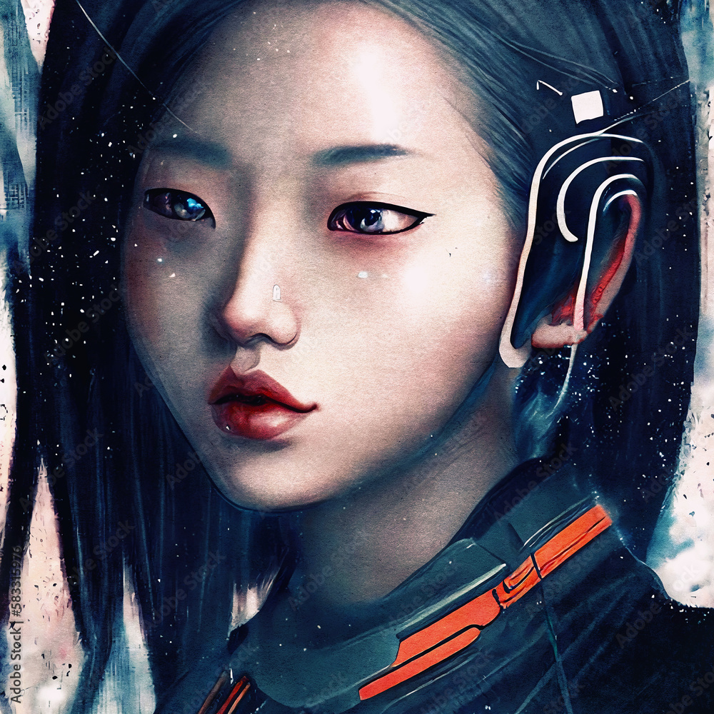 Portrait of cute asian android girl, new technologies, future world ...