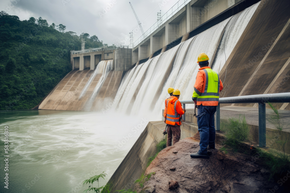 Hydroelectric dam with cascading water, workers in safety gear ...