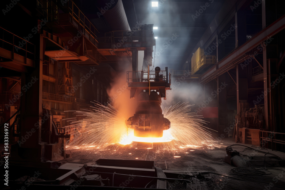 Large steel mill with sparks flying from molten metal, showcasing the ...