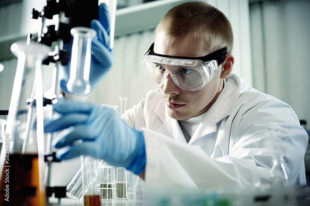 Technician in a lab coat and safety goggles analyzing oil samples in a ...