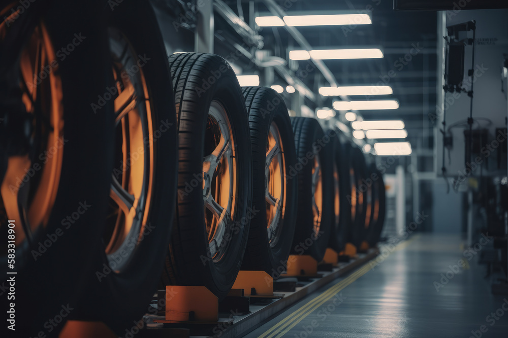 Warm light highlighting the tire installation process on a car ...
