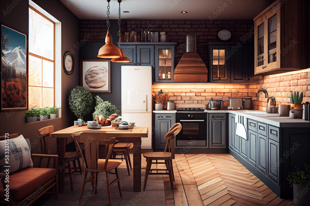 Interior design of a cozy and intimate kitchen design that includes ...