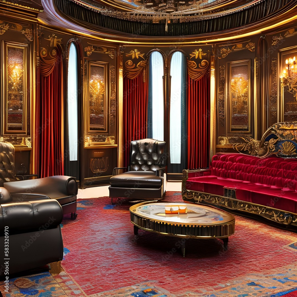 A home teather with an opulent feel, featuring rich colors and lavish ...