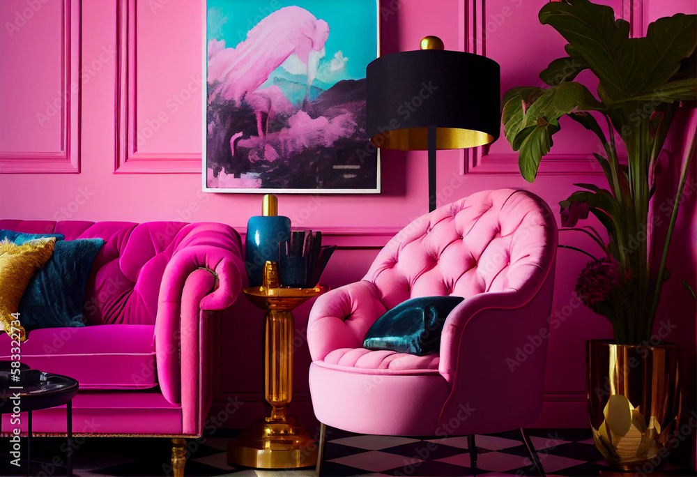 Interior design of a living room with bright pink walls, pink armchair ...