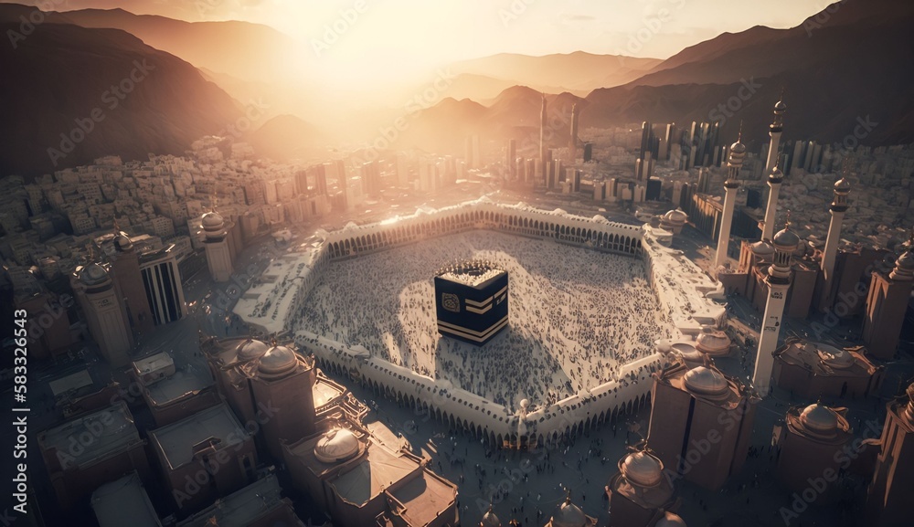 Landscape of the Kaaba in Mecca at sunrise with crowded Muslim people ...