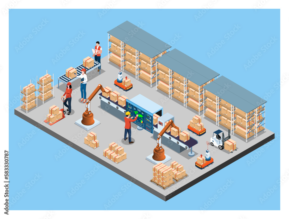 3d Isometric Automated Warehouse Robots And Smart Warehouse Technology