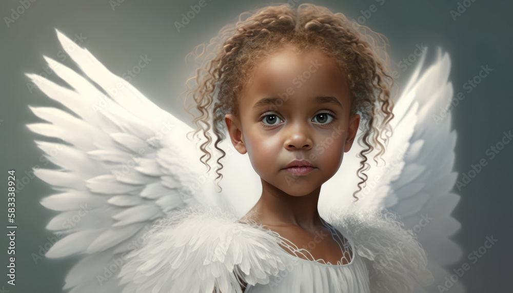 Little girl angel with white wings. Child angel. Beautiful African ...