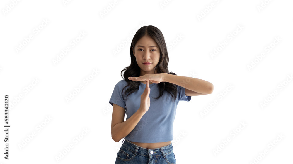 Foto Stock Woman makes a T hand sign indicating a request for a time ...