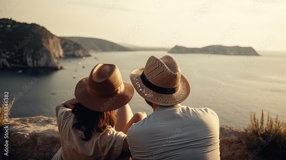 Relaxing couple wearing straw hats AI generation take in stunning ...