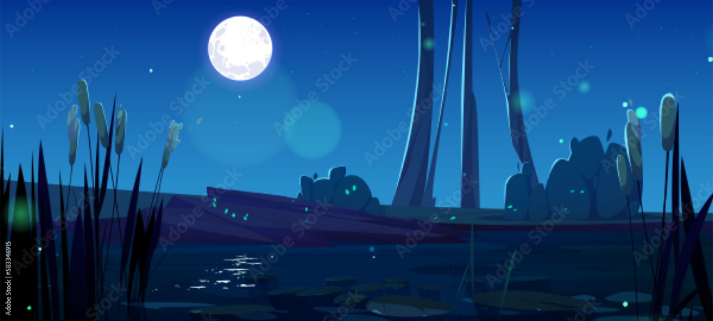 Swamp and cattail near lake, full moon night vector background. Pond ...