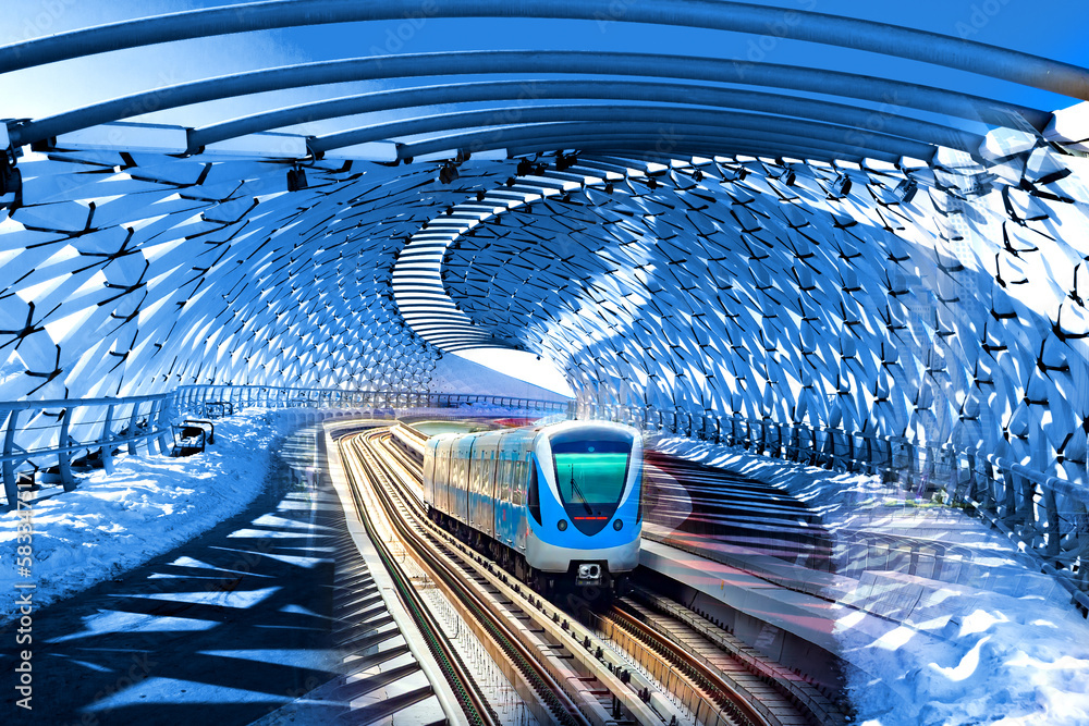 Green background of train moving through future rail tunnel bridge with ...
