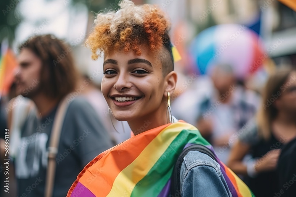 beautiful young woman smiling queer LGBTQIA+ LGBT people walking in the ...