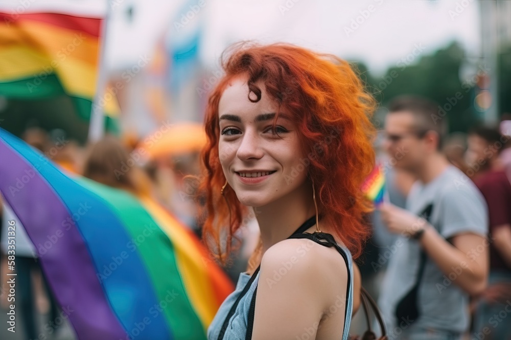 beautiful young woman smiling queer LGBTQIA+ LGBT people walking in the ...