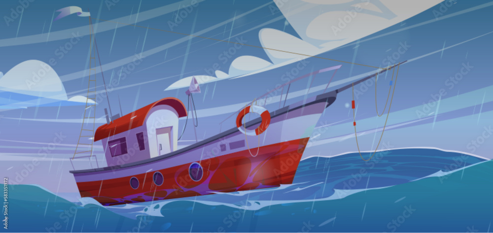 Motorboat floating on stormy ocean waves. Vector cartoon illustration ...