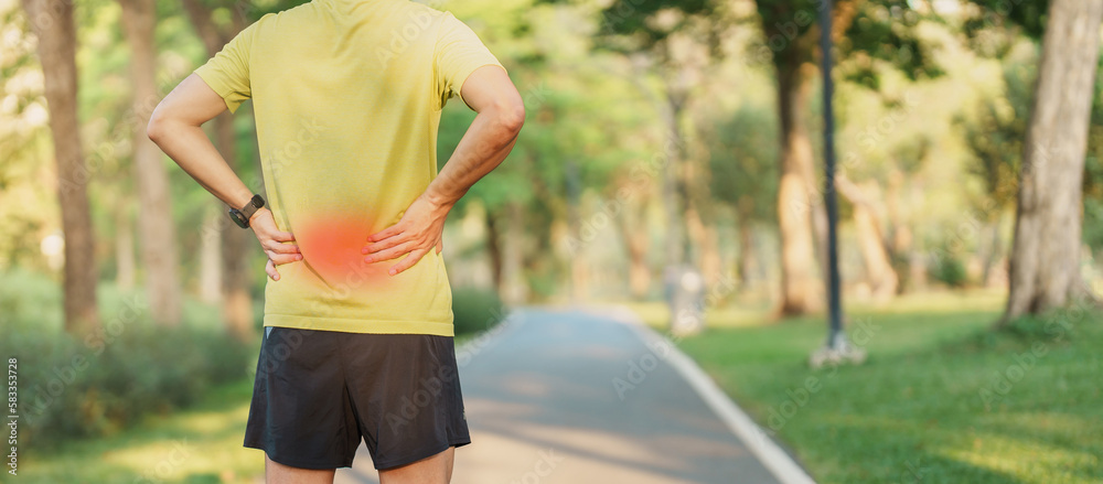 adult male with her muscle pain during running. runner man having back ...