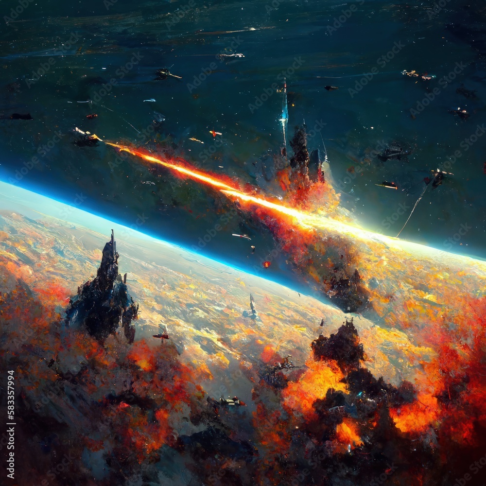 Two spaceships battle near Earth, firing lasers and missiles at each ...