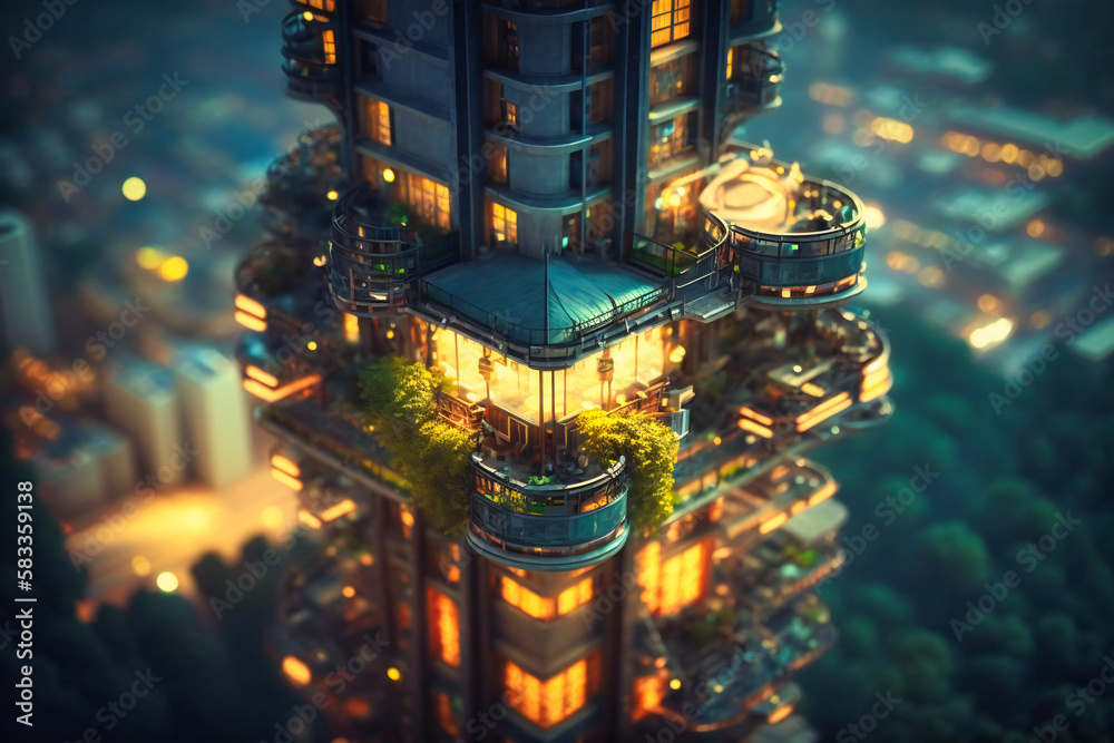 High-rise buildings connected to a space elevator, offering stellar ...