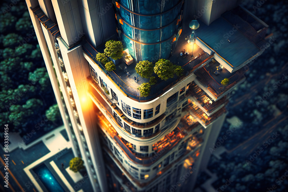 Illustrazione Stock High-rise buildings connected to a space elevator ...