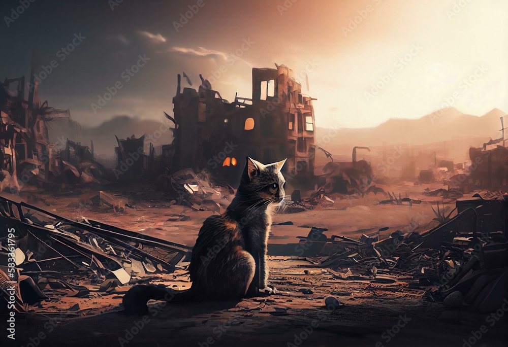 A cartoon city in ruins, destroyed by conflict, fire, and abandonment ...