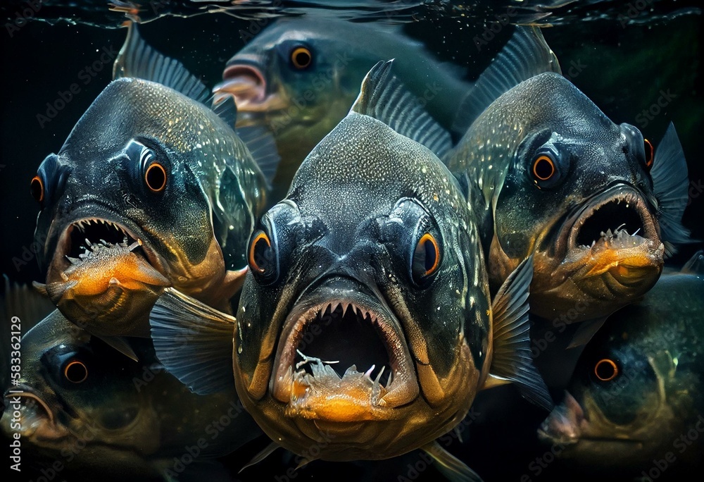 Tropical piranhas with fierce teeth and bulging eyes. Generative AI ...