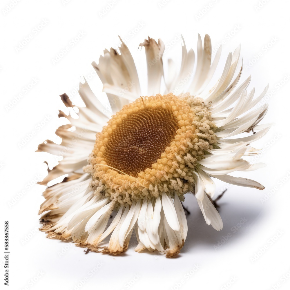 Macro closeup of isolated aged and dried daisy flower head, shriveled ...