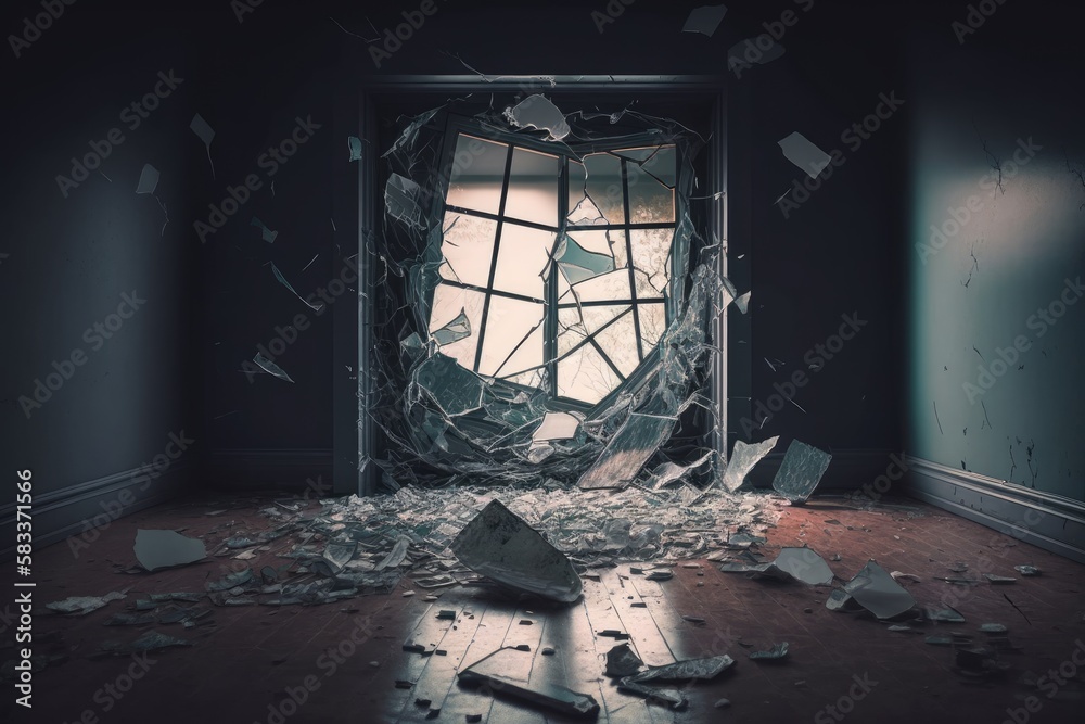 empty room with broken window and shards of glass on the floor, created ...