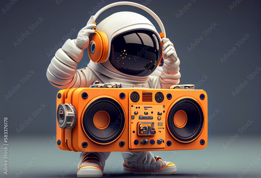 Flat cartoon charming astronaut listens to science music on a boombox ...